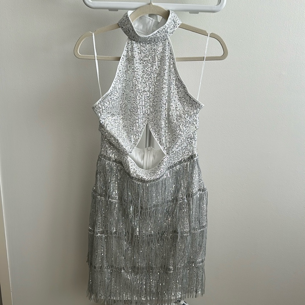 Silver Sequin Fringe Halter Swing Dress New Medium - Gem